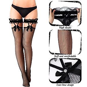 SATINIOR 2 Pairs Lace Top Fishnet Stockings Bow Suspenders Thigh High Mesh Hold up Stockings for Women(L Size,Black, White)
