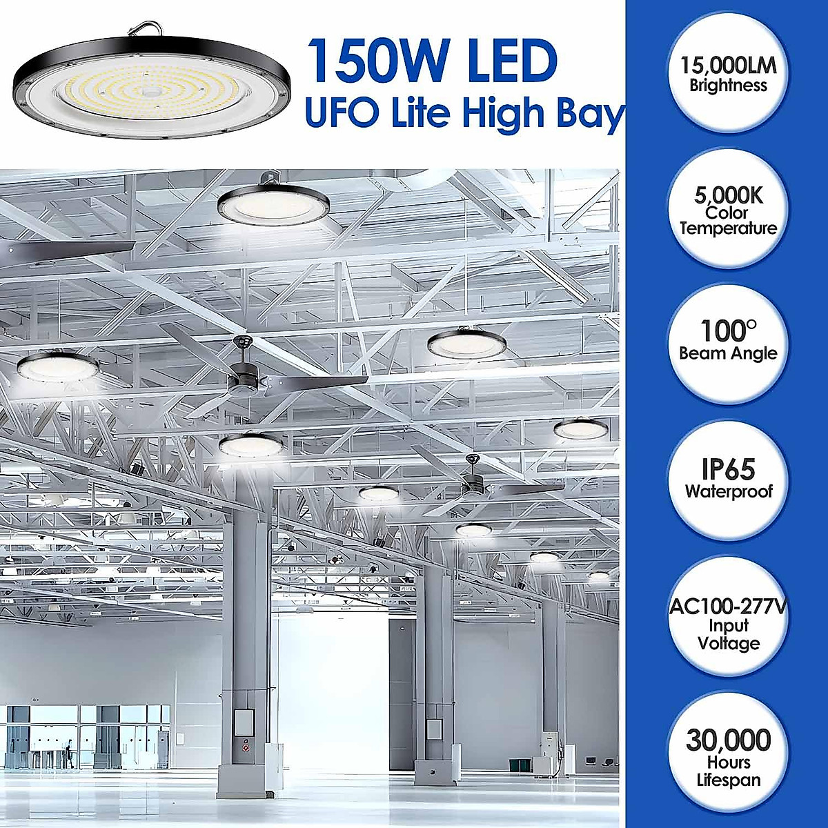 EdisonPar LED High Bay Light ECO 150W 10-Pack, 12' UFO Ceiling Lighting Fixture w/Plug for Garage Shop Warehouse Workshop 5000k 15000lm Non-dimmable IP65 (Count of 10 White)