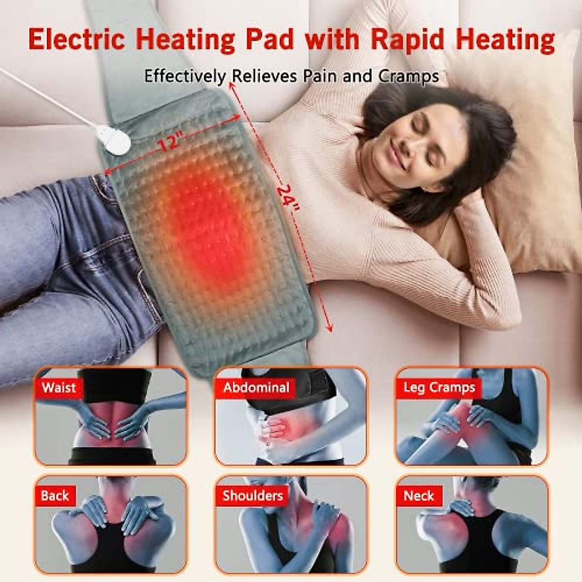 Upgraded Heating Pad for Back Pain Relief Electric Heating Pads for Cramps with Belt (12"x24"+20'') 4 Auto Off & 6 Heat Level Large Menstrual Heating Pad XL Moist/Dry Heat Pad for Neck and Shoulder