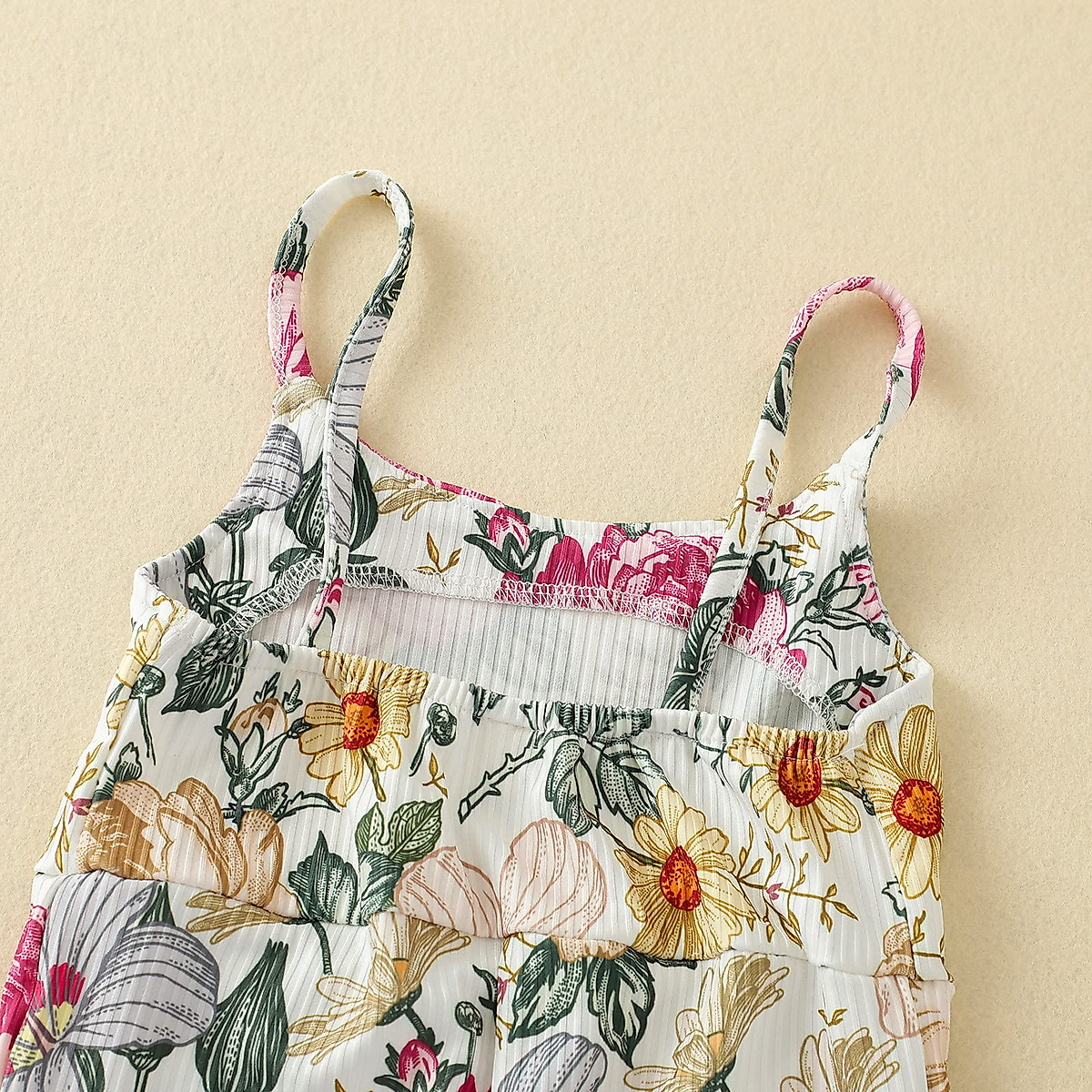 Emmababy Toddler Girl Bell Bottom Romper Baby Floral Suspender Pants Ribbed Jumpsuit Backless Flare Overalls Summer Playsuit(floral,12-18 Months)