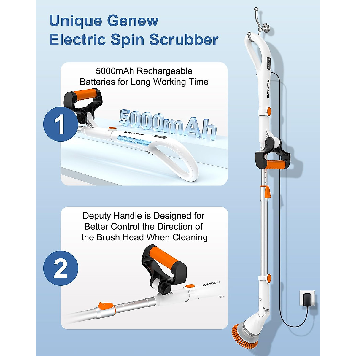 Genew Electric Spin Scrubber: Cordless Cleaning Brush with 6 Replaceable Head & Adjustable Extension Handle Power Shower Scrubber for Bathroom Floor Tile Tub - Add Adjustable Grip (White)