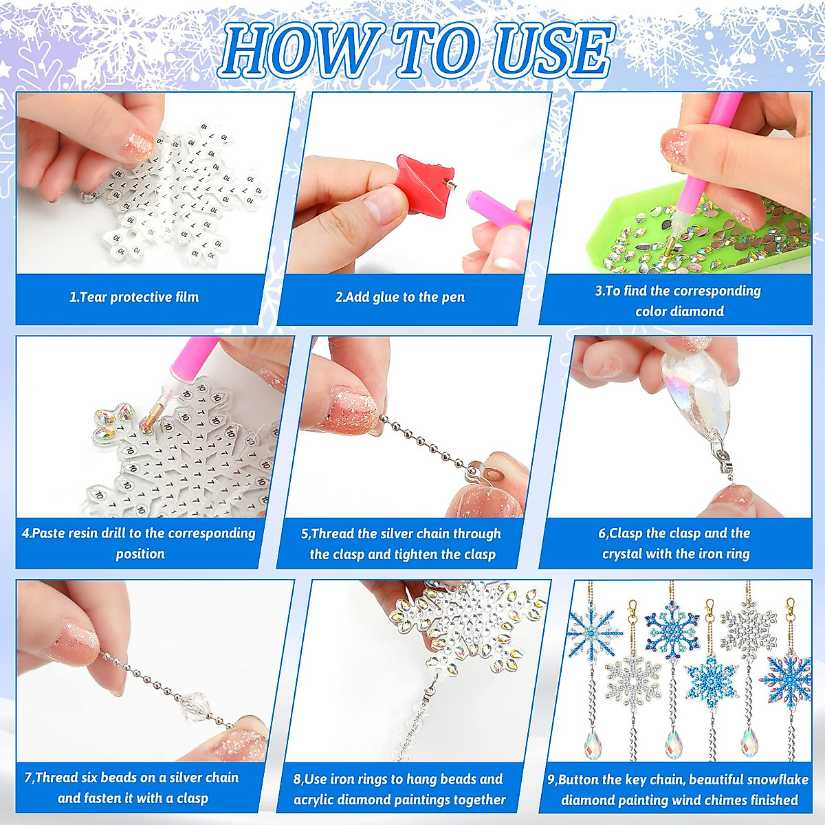 Perthlin 6 Pieces Winter Snowflake Diamond Art Kits Double Sided Diamond Art Suncatchers Wind Chimes Hanging Diamond Art Ornaments Accessories for Kids DIY Crafts Christmas Home Windows Decoration