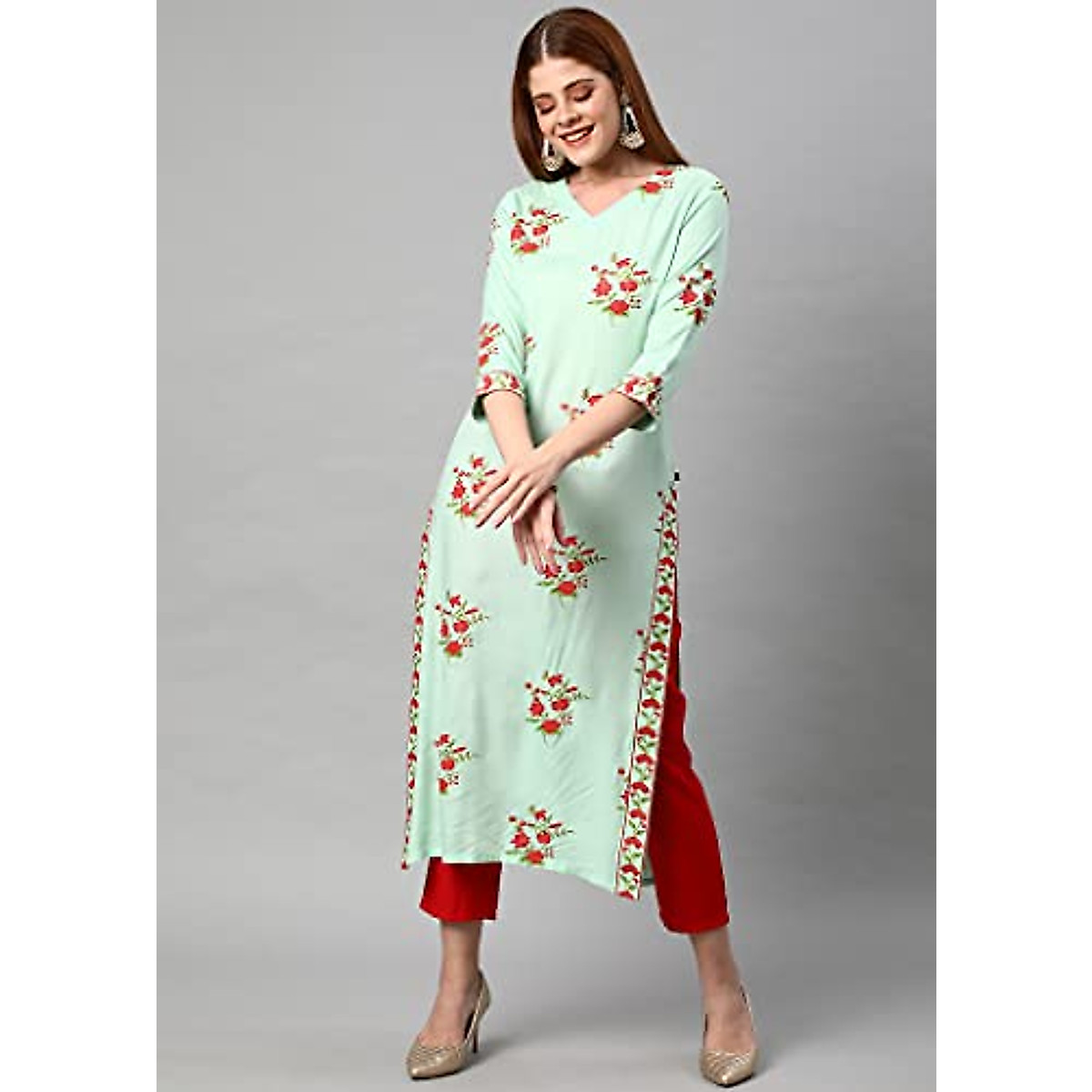 Elina fashion Indian Stitched Kurti for Womens With Pant | Rayon Printed Readymade Kurta Kurtis Light Green