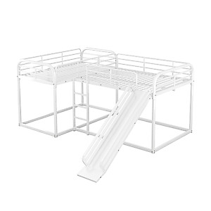Merax L-Shaped Full Over Full and Twin Over Twin Metal Bunk Bed with Slide and Short Ladder, Full and Twin Size Bed Frame for Teens, 4 Beds in 1, White