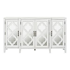 KLMM Stylish Mirrored Console Table Sideboard for Living Room Dining Room with 4 Cabinets and 3 Adjustable Shelves, Easy Assembly (White#O^)