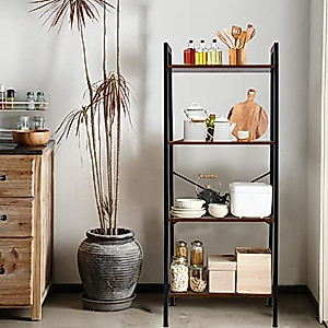 ECOMEX 4-Tier Ladder Shelf Industrial Bookshelf, Ladder Bookshelf Open Storage Rack Wood Ladder Shelf with Metal Frame, Freestanding Storage Shelves for Home Office, Bedroom (Rustic Brown)