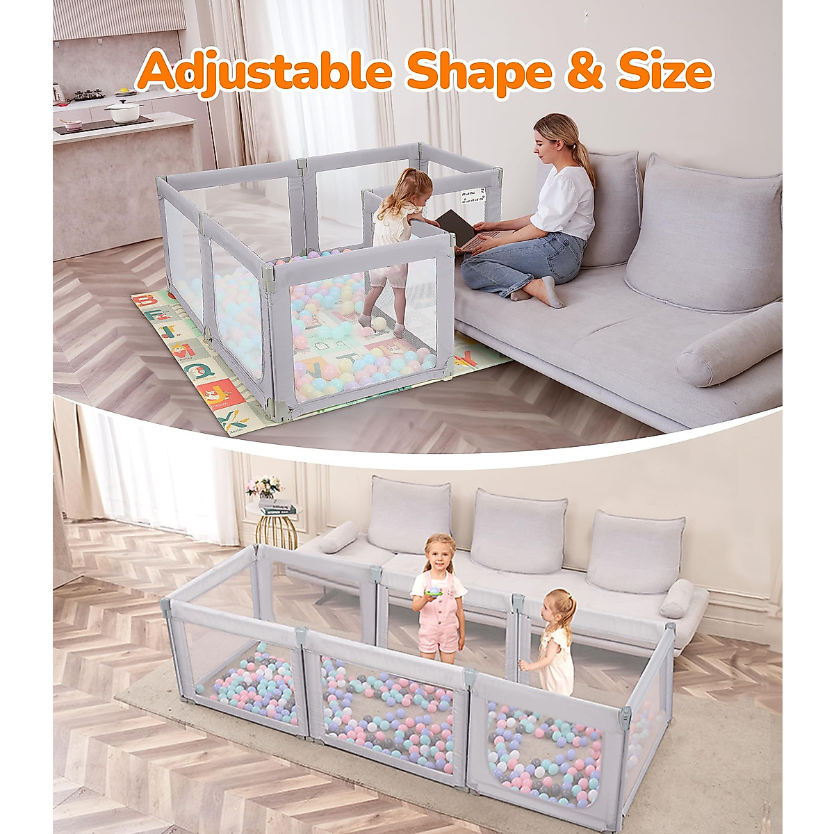 Dripex Foldable Baby Playpen, 71"×69" Play Pens for Babies and Toddlers, Safe Anti-Fall Play Yard with Gates, Baby Fence with Breathable Mesh, Indoor & Outdoor Kids Activity Center, Ash Grey