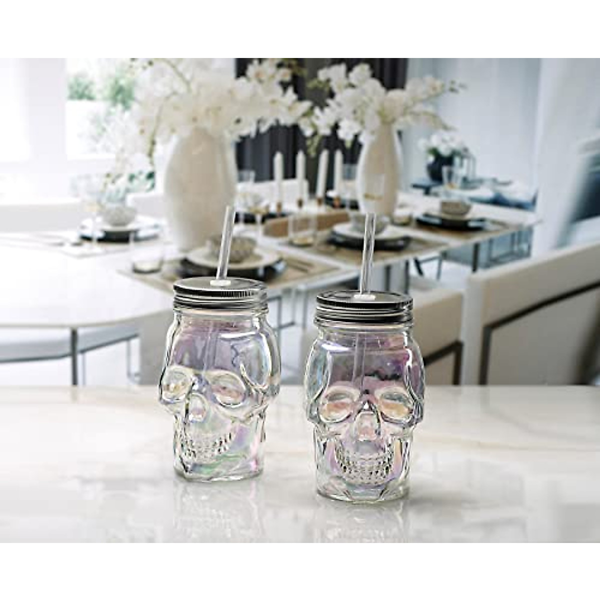 Circleware Skull Face Beer Glass Mason Jars with Lids and Straws, Set of 2, Heavy Base Fun Entertainment Glassware Beverage Drinking Cup for Water, Wine & Bar Decor Novelty Gifts,16 oz, 2pc