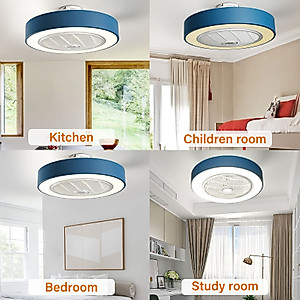 TC-Home Ceiling Fan with LED Light Invisible Blades 22 inches Morden Blue Lighting Color Changing Close to Ceiling Chandelier Fan