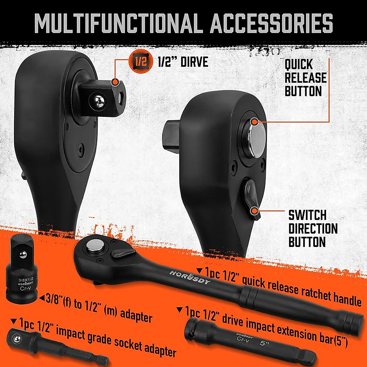 HORUSDY 1/2" Drive Impact Socket Set, 24-Piece Shallow Standard SAE (7/16"-1") and Metric (13-24mm) Size, 6 Point, Cr-V, with 1/2-Inch Drive Ratchet Handle, Drive Extension Bar