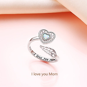 Mom Gifts 925 Sterling Silver Angel Wing Ring for Mother Women Memorial Jewelry Heart Ring with Message I Love You Mom Wrap Open Ring Lap Opal Rings Adjustable Size