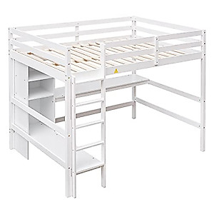 Harper & Bright Designs Full Size Loft Bed with Desk and Storage Shelves, Solid Wood Loft Bed Frame for Kids Teens Adults (Full Size, White)