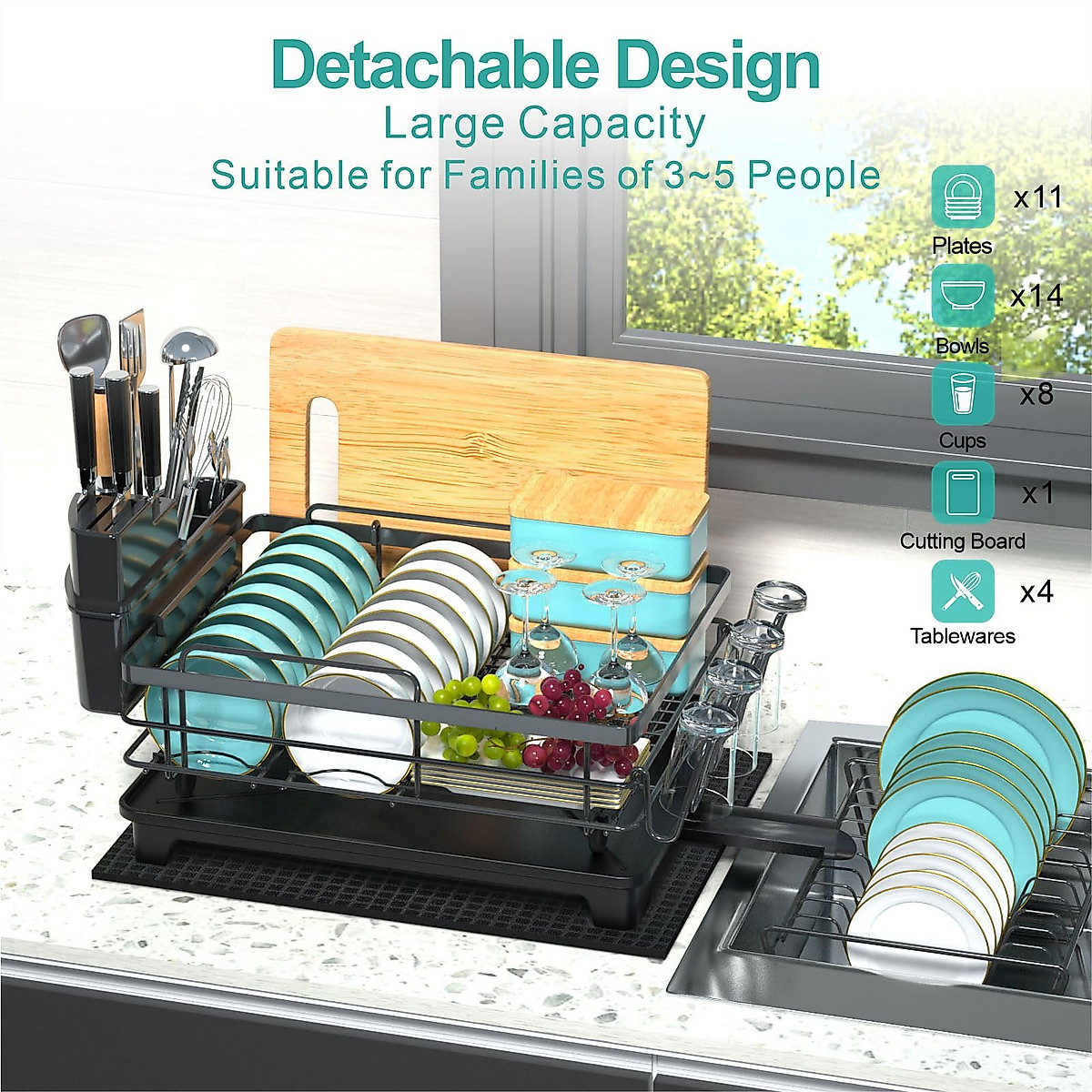 ouosawa Dish Drying Rack with Drainboard, Stainless Steel 2 Tier Large Dish Racks for Kitchen Counter, Detachable Dish Strainer Rack with Cup Holder, Utensil Holder & Cutting-Board Holder, Black