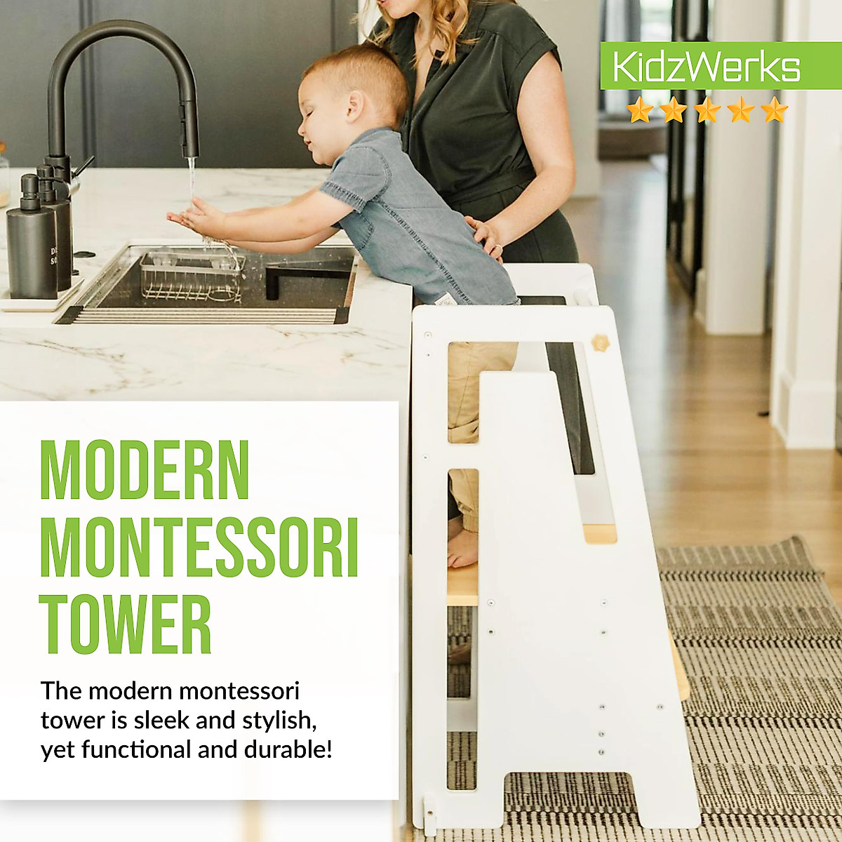 KidzWerks Modern Toddler Tower, Montessori Kitchen Step Stool, Sleek Modern Design Adjustable Standing Platform for Kitchen Counter - White/Wood Modern Standing Tower
