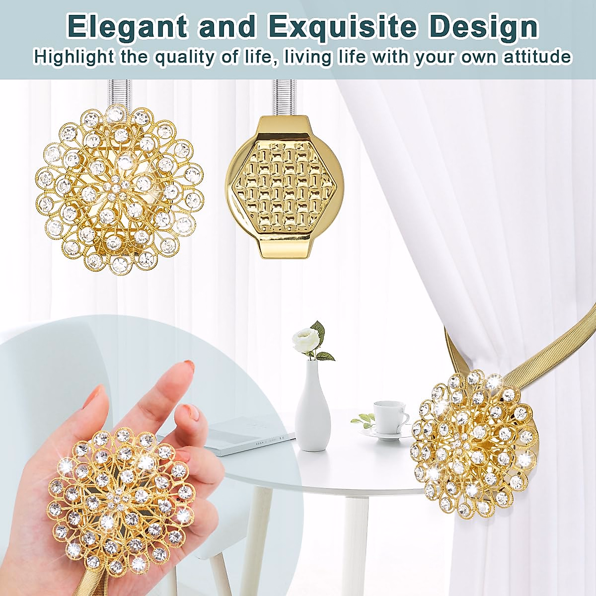 AULEEP Magnetic Curtain Tiebacks, 4 Pack Magnetic Crystal Decorative Drapes Curtain Clips Buckle, Flower Curtain Tie Back, European and American Style (Gold)