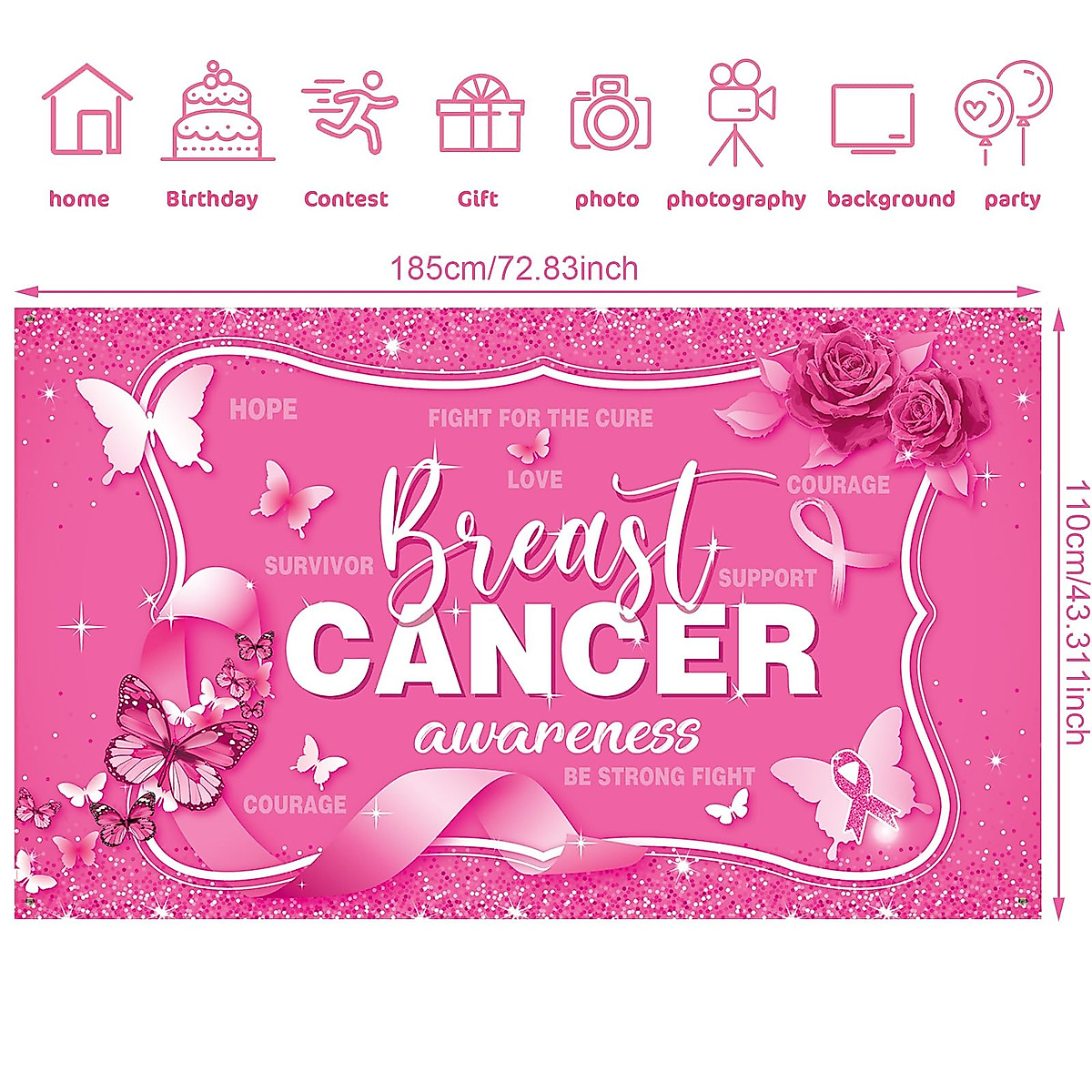Tiamon Breast Cancer Awareness Backdrop Decorations Banner, Pink Ribbon Hope Party Survivor Party for Photography Background Pink Ribbon Walk Charity Party Supplies, 43.31 x 72.83 Inch (Pink, White)