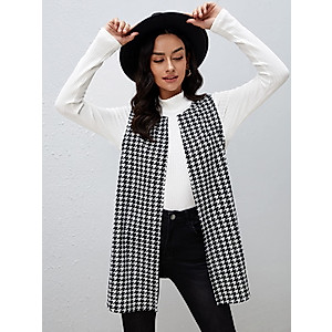 WDIRARA Women's Plaid Button Open Front Sleeveless Blazer Jacket Black Houndstooth L