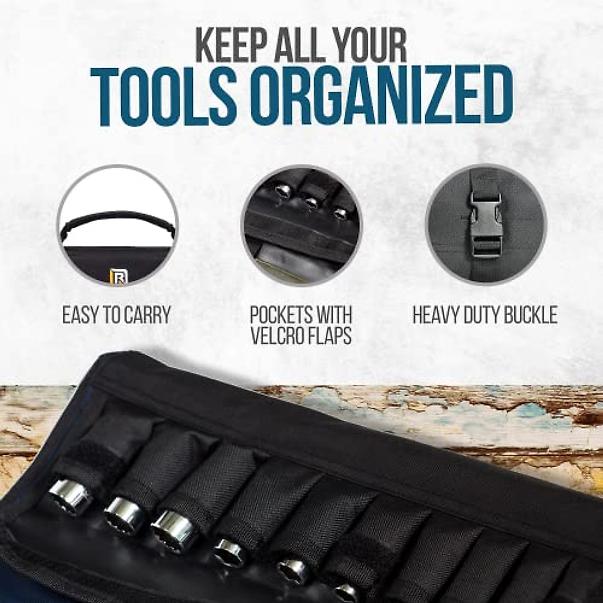 32 Pocket Tool Roll Organizer - Wrench & Pouch Includes Pouches for 10 Sockets Up Bag Electrician, HVAC, Plumber, Carpenter or Mechanic from Rugged