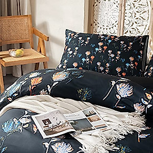 Sheleep Black Floral Duvet Cover Set 3 Pieces Bedding Soft Lightweight Brushed Microfiber Bedding , 1 Duvet Cover 2 Pillow Shams, Queen, Colorful Leaf
