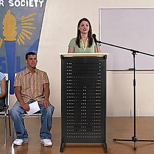 Bonnlo Mobile Wheeled Lectern Standing Podium, Portable Lecture Speech Teach Platform for Classroom Church or Ceremony, Multi-Function Reading or Laptop Desk, Table w/Tilted Top Board & Edge Stopper