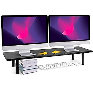 Across-Star Dual-Monitor-Stand-Riser-For-Desk Adjustable Length 32-40 Inch，Large Desktop Computer Monitor Riser For 2 Screens，Desk Shelf Organizer Riser Stand For Computer/Laptop/PC/Printer/TV Black