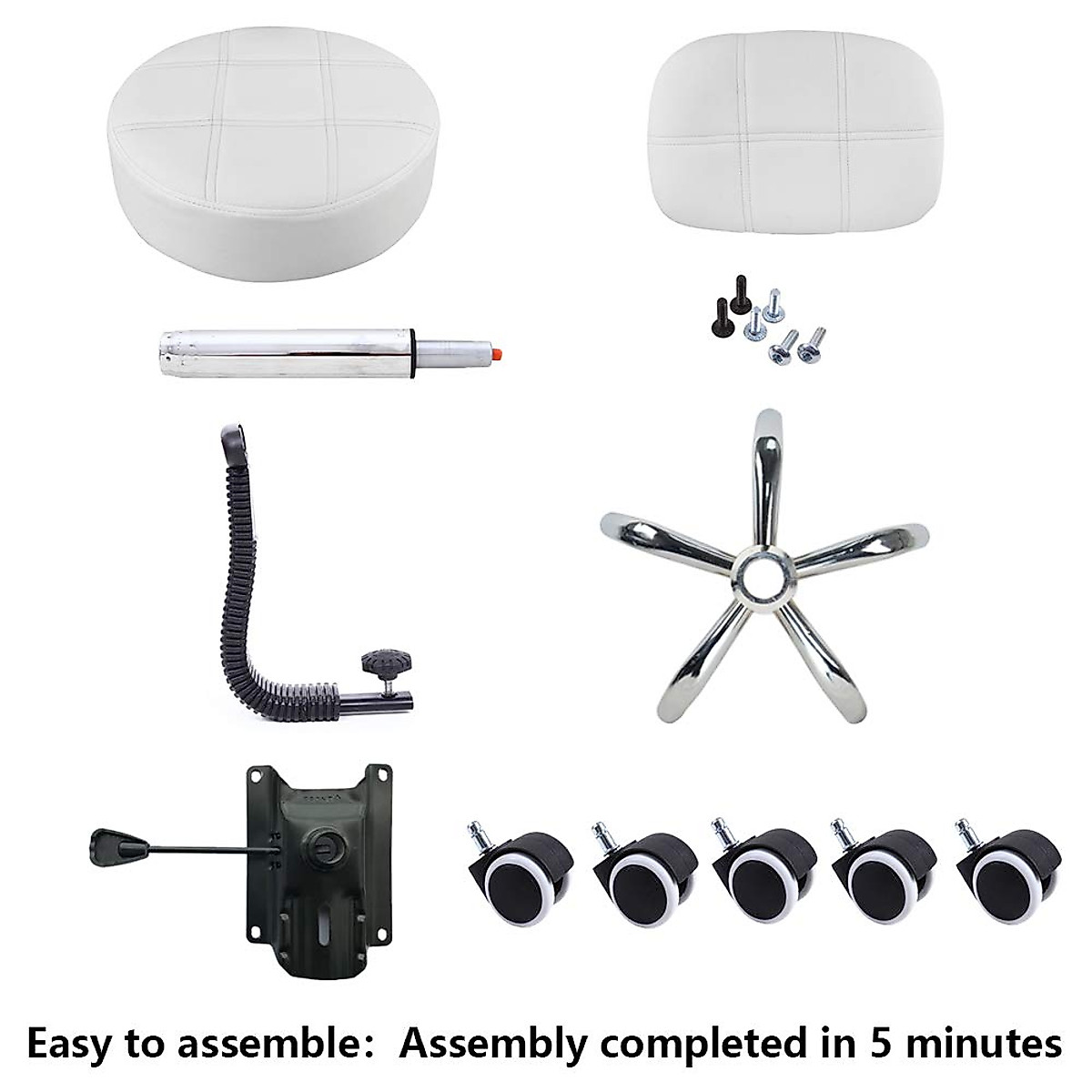 KKTONER Round Rolling Stool with Back PU Leather Height Adjustable Swivel Drafting Work SPA Salon Stools Chair with Wheels White