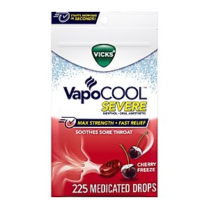 Vicks VapoCOOL SEVERE Medicated Sore Throat Drops, Fast-Acting Max Strength Relief, Soothes Sore Throat Pain Caused by Cough, Powerful Vicks Vapors, Menthol, Cherry Freeze, 225 Total (5 Packs of 45)