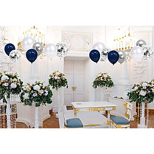 Navy Blue and Silver Confetti Balloons, 50pcs 12 inch Metallic Silver and White Pearl Party Balloons for Shower Wedding Engagement Birthday Graduation Supplies