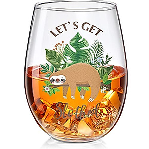 Let's Get Slothed Stemless Wine Glass Funny Sloth Mug Gift for Sloth Lovers Him Her Men Women Friend Family Coworker on Birthday Christmas Thanksgiving Festival Graduation Wine Glass Present, 17 oz