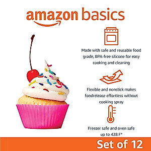 Amazon Basics Reusable Silicone Baking Cups, Muffin Liners - Pack of 12, Multicolor