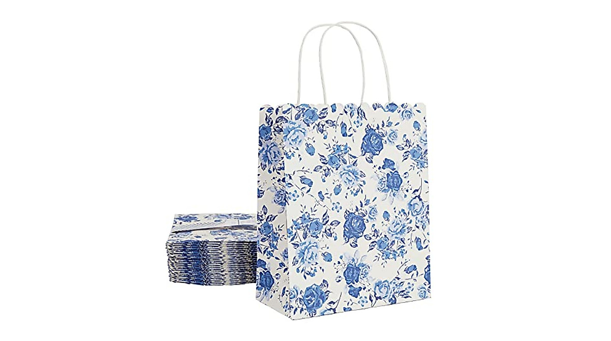 Blue Rose Gift Bags Set - 24 Medium Floral Party Bags