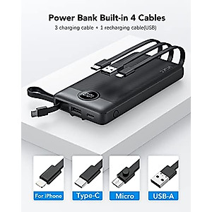 Portable Charger with Built in Cables,VRURC 10000mAh Ultra Slim USB C Power Bank,5 Output 2 Input LED Display External Battery Pack Phone Charger Compatible with Smart Devices and Cell Phones(1 Pack)