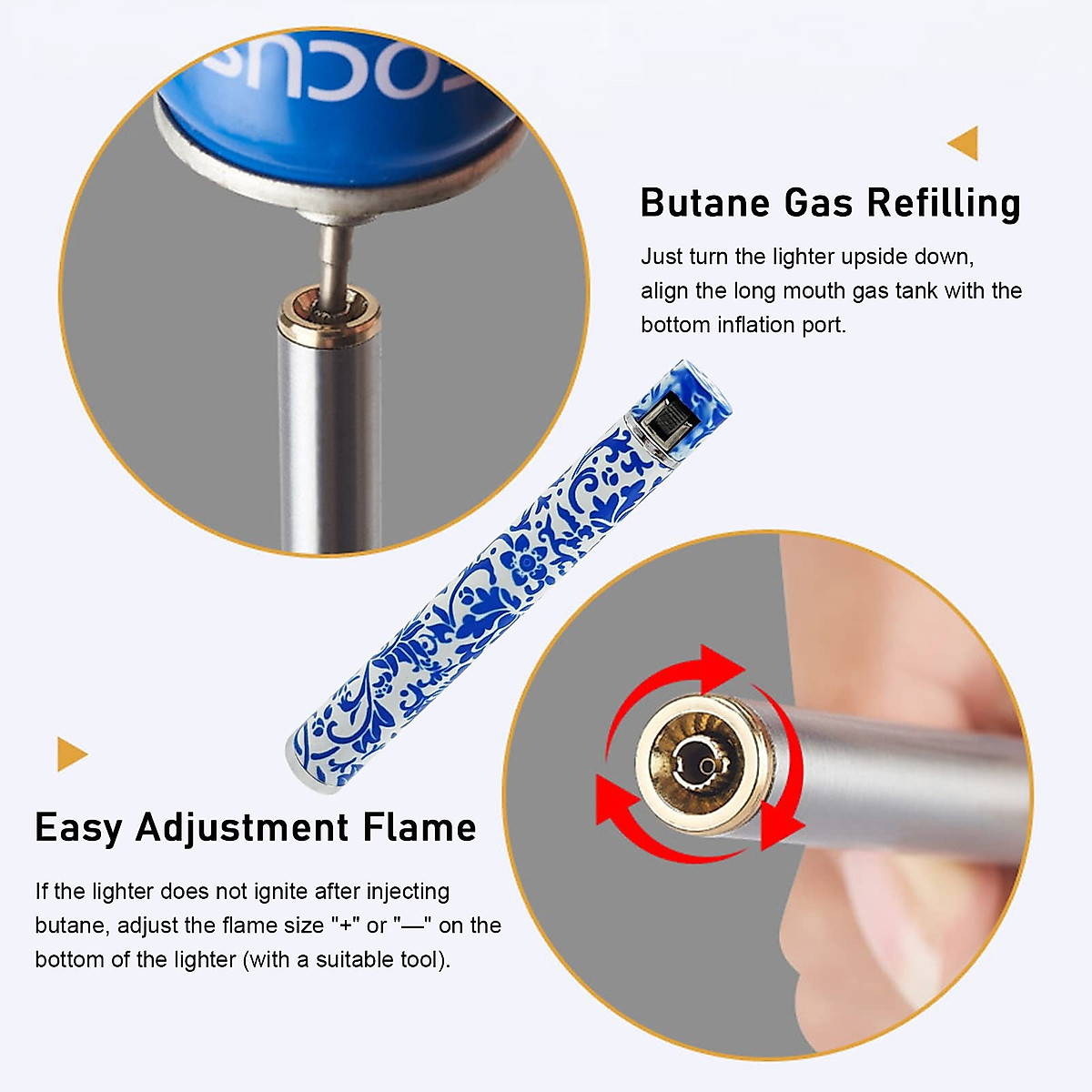 2pcs Torch Lighter, Mini Cylindrical Strip Refillable Gas Lighter, Portable Adjustable Soft Flame Lighter for Kitchen, Indoor,Outdoor,Grill,Camping(without Butane Gas)-Blue White Porcelain/Blue White