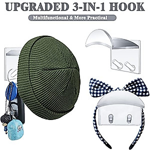 Hat Hooks for Wall Adhesive,Hat Racks for Baseball Caps Standing with 2 Small Hooks, Hat Rack Display Hat Holder Cap Hangers Organizer for Boys Room (12pack-Clear)