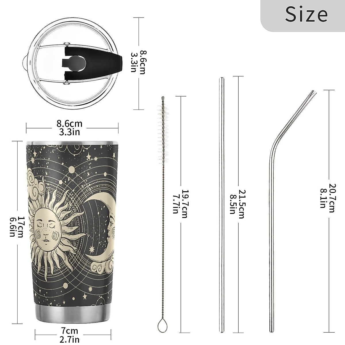 Yasala Tumbler Boho Moon Sun Cloud Star Insulated Coffee Cup Beverage Container Travel Mug with Straw and Lid Double Wall Stainless Steel 20oz BPA-Free for Sport, Back to School