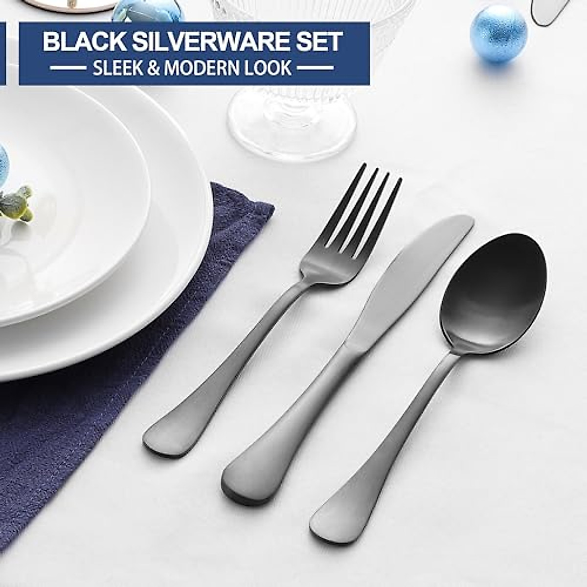 E-far 24-Piece Black Silverware Set with Steak Knives, Stainless Steel Flatware Cutlery Set for 4, Matte Black Metal Eating Utensils Sets Include Forks and Spoons Knife, Modern Design & Rust Proof