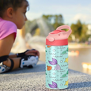 MCHIVER Mermaid Kids Water Bottle with Straw Insulated Stainless Steel Kids Water Bottle Thermos for School Girls Boys Leak Proof Cups 12 oz / 350 ml Pink Top