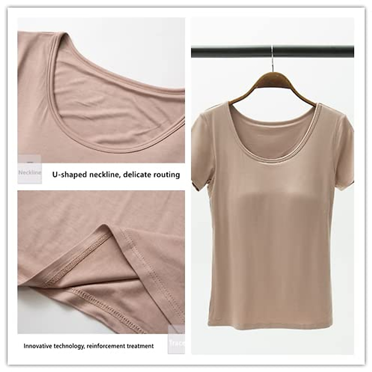 Womens Short Sleeve Shirt Built in Shelf Bra,Crew Neck Wireless Bra Padded Yoga Casual T-Shirt (as1, Alpha, 3X_l, Regular, Regular, Standard, Caramel Colour)