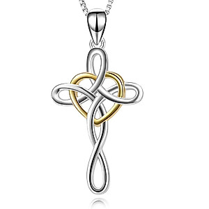 YFN Cross Necklace 925 Sterling Silver Celtic Knot Cross Infinity Heart Love Pendant Necklace 18" (God Heart Cross Necklace)