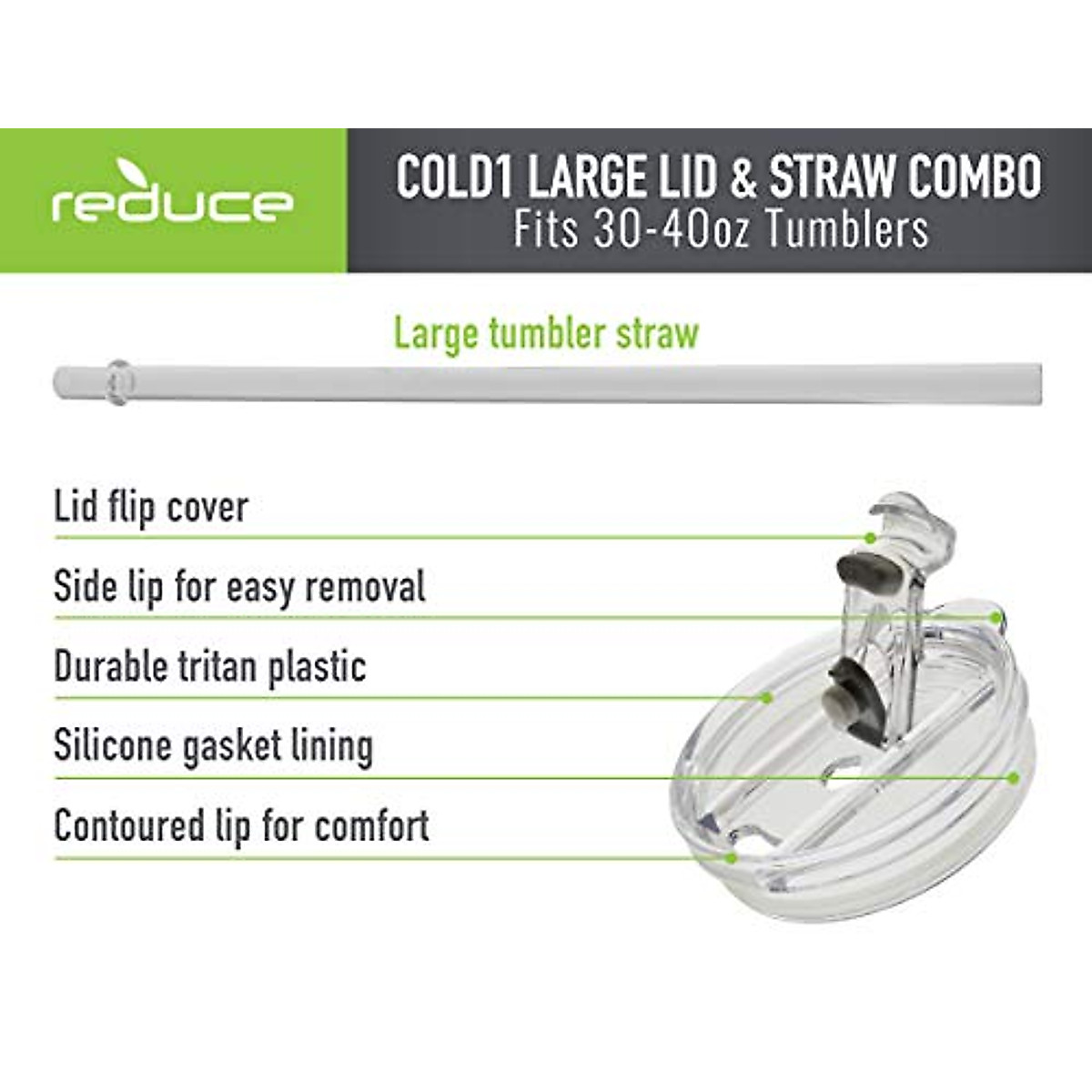 Reduce Tumbler Lid and Straw Set for 30-40 oz Tumblers/Mugs - BPA Free, Dishwasher Safe, Impact Resistant - Replace Broken, Damaged or Lost Reduce Cold 1 Straws and Lids - Large
