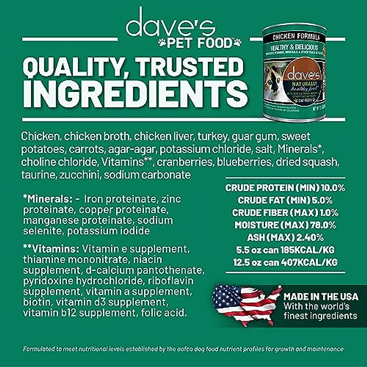 Dave's Pet Food Grain Free Wet Cat Food (Chicken), Made in USA Naturally Healthy Canned Cat Food, Added Vitamins & Minerals, Wheat & Gluten-Free, 12.5 oz (Case of 12)