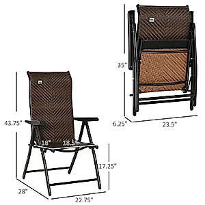 Outsunny Wicker Folding Patio Chair, Outdoor PE Rattan Recliner Camping Chairs with 7-Level Adjustable High Backrest for Garden, Balcony, Indoor, Lawn, Brown