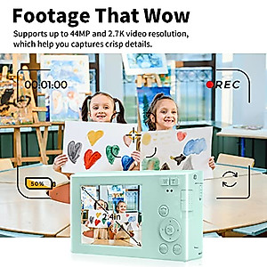 VJIANGER Digital Camera for Photography, 4K 44MP Point and Shoot Camera with 2.4" Screen, 16X Digital Zoom, Vlogging Camera for Kids Tees Aldults with 32GB SD Card & 2 Batteries(DC6-7 Green)