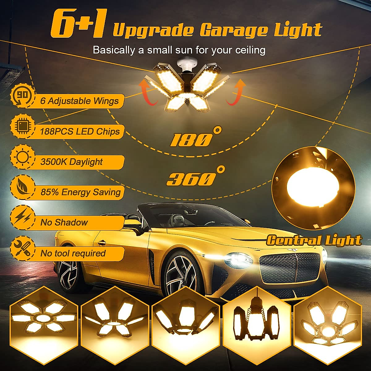 2 Pack led Garage Light 120W Warm Light Garage Lighting Ceiling fixtures led Basement Light 3000k deformable Garage Lighting Screw in 12000LM LED Shop Light Bulb for Basement Workshop Warehouse Barn