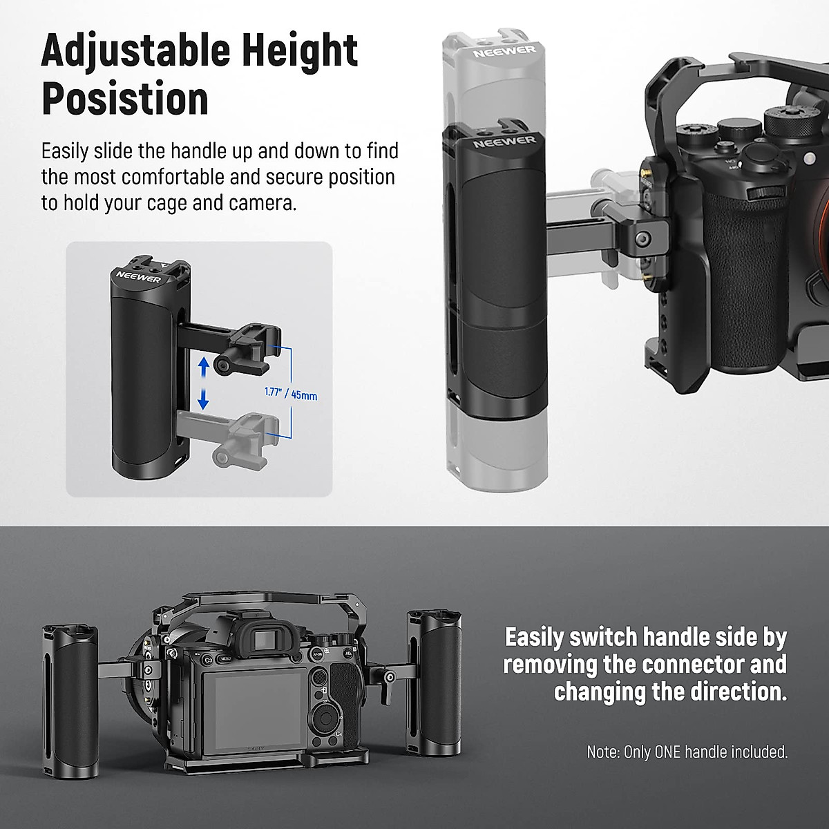 NEEWER NATO Side Handle Grip with Up and Down Adjustable NATO Clamp, NATO Rail, Cold Shoe Mount, 1/4" Threads, Hex Key, Universal Aluminum Camera Handgrip Compatible with SmallRig Cage and Rig, CA017H