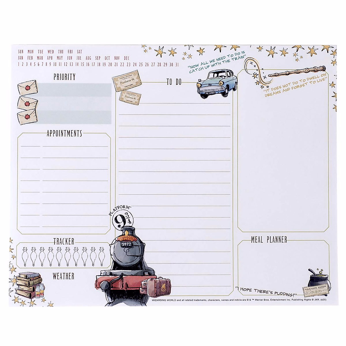 Conquest Journals Harry Potter Daily Planning Notepad, Tear Off Sheets, 50 Pages, 8" x 10" - Priorities, Schedule, To Do's, Notes, Meal Planner and Daily Habit Tracker