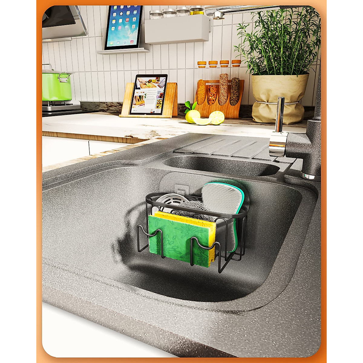 SWTYMIKI Sponge Holder for Kitchen Sink with Double Hook, Stainless Steel Kitchen Sink Caddy Multifunctional Kitchen Sink Organizer with Strong Adhesive for Sponge, Brush, Sink Stopper, Black