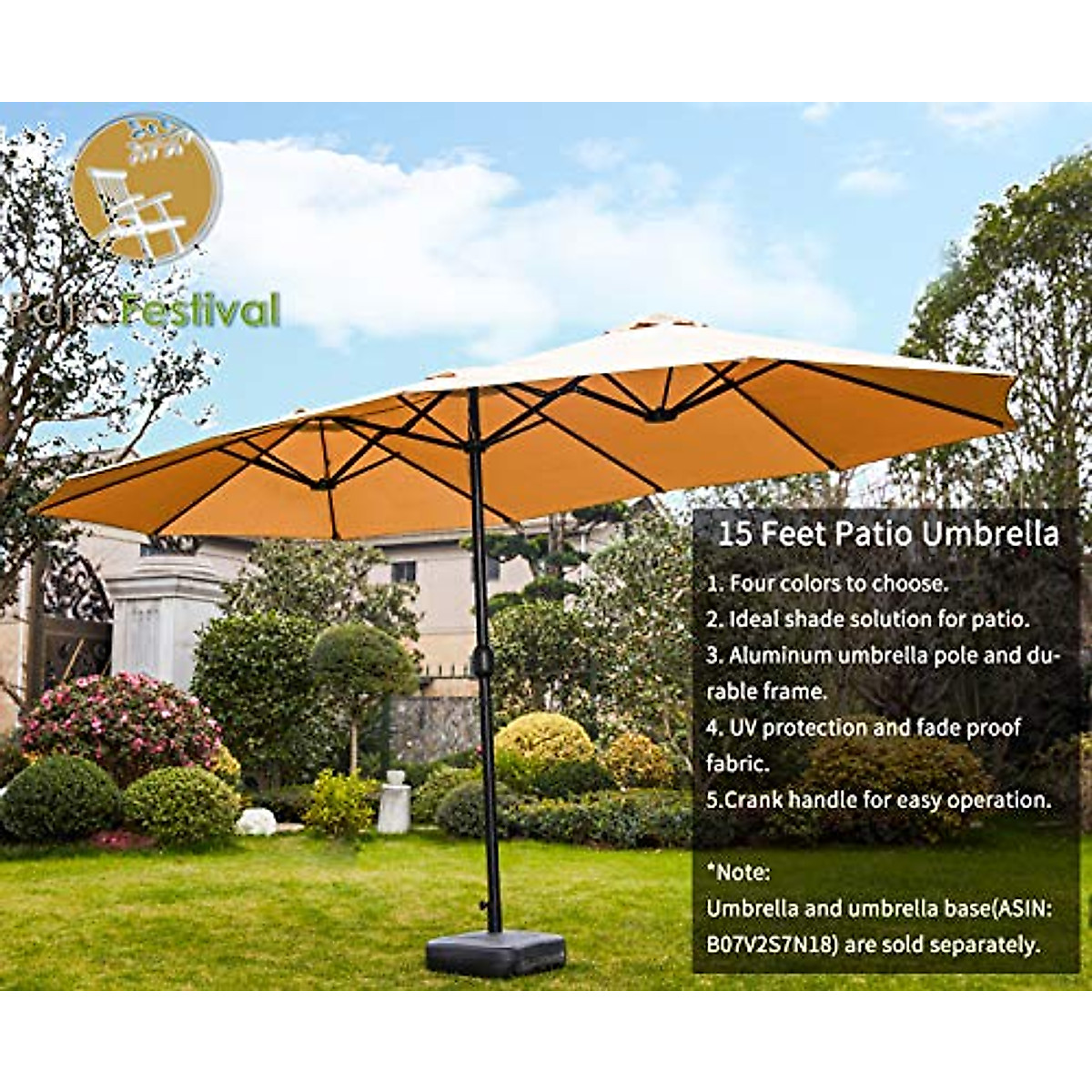 Romayard Double-Sided Outdoor Umbrella,15x9 ft Aluminum Garden Large Umbrella with Tilt and Crank for Market,Camping,Swimming Pool (Khaki Top)