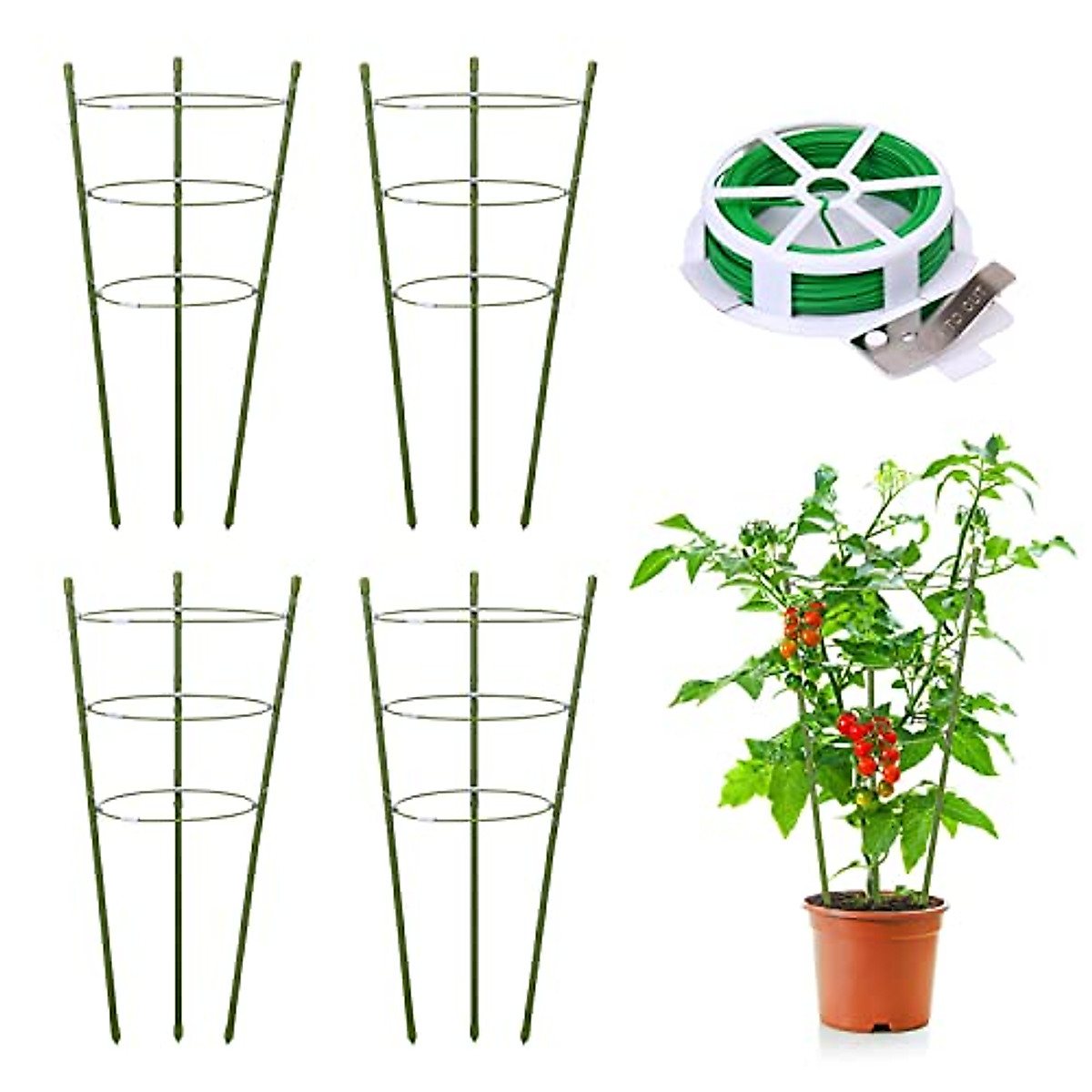4 Pack Plant Support Tomato Cages for Garden, 18 Inches Small Tomato Cages and Supports with Adjustable Rings for Garden Pots, Plant Stakes Tomato Trellis Rings for Climbing Plants