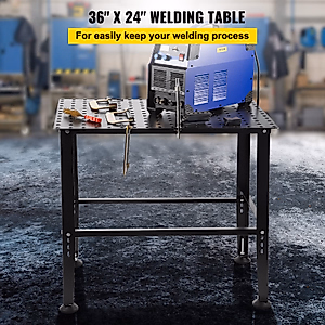 VEVOR Welding Table, 36" x 24" Adjustable Workbench, 0.12" Thick Industrial Workbench, 600lb Load Capacity Metal Workbench, Heavy Duty Carbon Steel Welding Table, Gray Steel Work Table w/Accessories